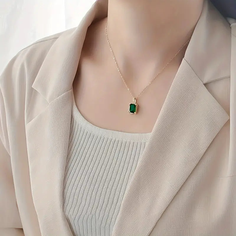 Gold Emerald Rectangular Halo Necklace – John & Mary Jewelry